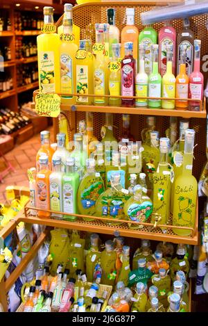 Europe, Italy, Sorrento. Display of limoncello bottles, a lemon liqueur ...