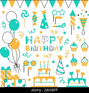 Birthday line icons collection. Birth anniversary, , , , , , vector and ...