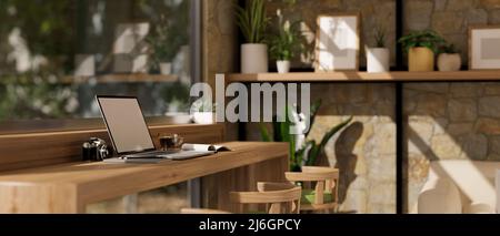 Minimal Scandinavian coffee shop seating area interior design with two ...