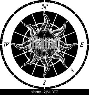 Compass Sun Face Etching Rose Woodcut Drawing Stock Vector Image & Art ...