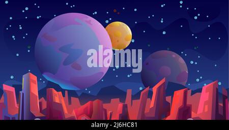 Satellite planets in space. Rocky landscape. Starry night sky. Image ...