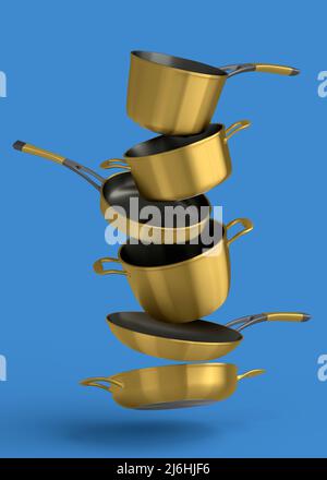 Stack of frying pan with glass lid on yellow background. 3d render of ...