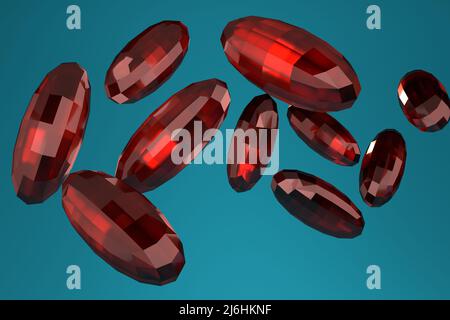 Red crystals levitation on a red background. Glowing prisms. 3D render ...