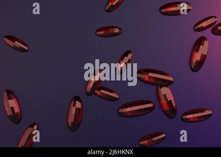 Red crystals levitation on purple background. Glowing prisms. 3D render ...