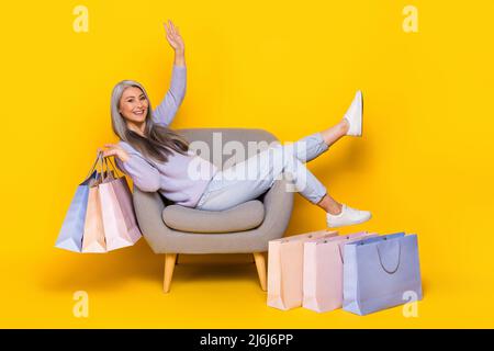 Photo of shiny funny girl dressed yellow t-shirt arm eyewear smiling ...