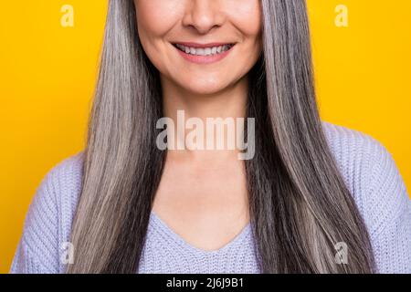 Cropped photo of lady visit dentist demonstrate clean whitening therapy ...