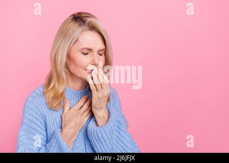 Photo of upset lady wear blue sweater rucksack looking device hand arm ...