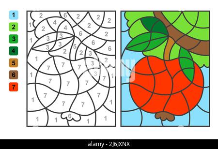 Color by numbers apple. Coloring book for kids. Fruit character. Vector ...