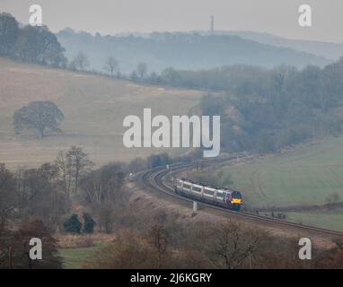 East Midlands railway class 222 Merdian train (L) and Northern rail ...