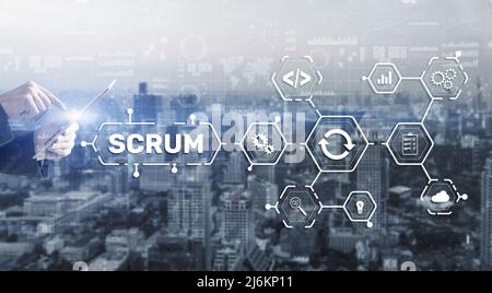 SCRUM. Hand presses the inscription scrum on a virtual panel. Agile ...