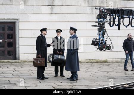 OPERATION MINCEMEAT, from left: Colin Firth, Kelly Macdonald, on set ...