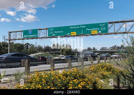 Overhead Ventura Freeway sign on Interstate 5 near Griffith Park in Los ...