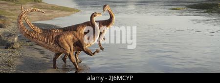 Plateosaurus couple, dinosaurs from the Late Triassic period walking on ...