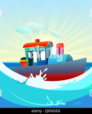Boat ship. Steam engine. Cartoon style illustration. Cute childish ...