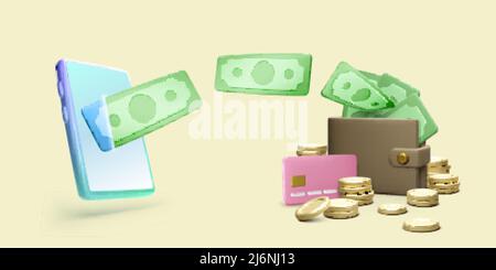 3D Flying Coins and Smartphone with Wallet Stock Vector Image & Art - Alamy