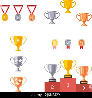 Pixel art golden trophies. Winner rewards. First place medals. Award ...