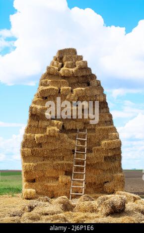 Stack of rectangular bales of dry straw under the October sky. Farmer's ...
