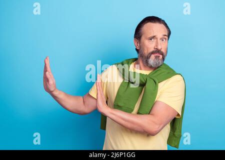 Photo of upset unsatisfied man showing hand arm arguing speaking ...