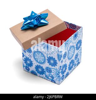 Open gift box with blue ribbon and bow blue background Stock Photo - Alamy