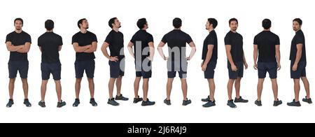 large group of same man with sportswear sitting on chair on white ...
