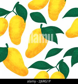 Summer fruit seamless yellow mango watercolor paint green leaves ...