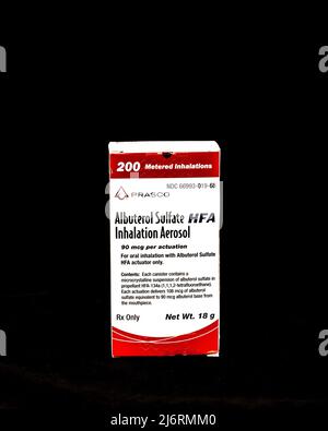 An Albuterol Sulfate Inhalation Aerosol dispenser, used to treat or ...