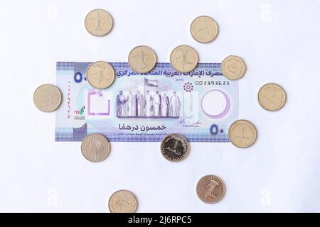 United Arab Emirates UAE fifty Dirham note on a white background Stock ...