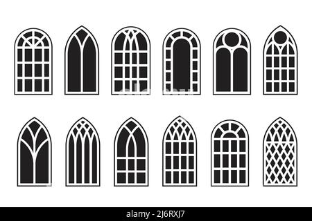 Gothic windows outline set. Silhouette of vintage stained glass church ...