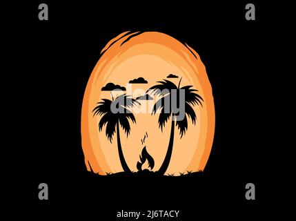 Silhouette of bonfire and coconut trees on the beach illustration Stock ...