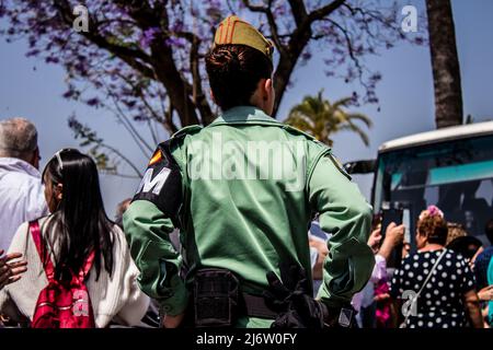 Seville, Spain - May 01, 2022 Parade of professional soldiers from the ...