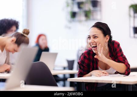 Student, friends and whisper in classroom for secret, gossip or ...