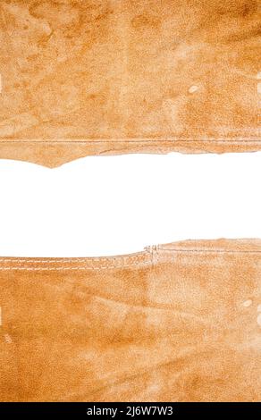 Two pieces of brown leather with a space for text isolated on white ...