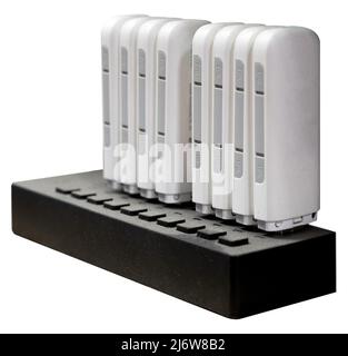 Internet router, portable USB wi-fi adapter and internet cable plugs ...