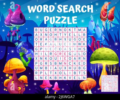 Word search puzzle game with colors of Brazilian parrots, vector quiz ...