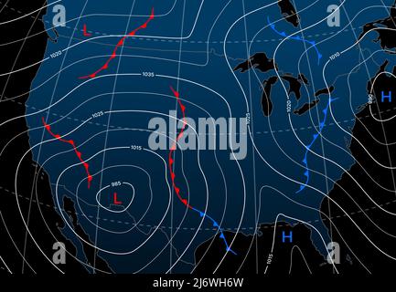 Forecast weather isobar night map of USA. Meteorology diagram with wind ...