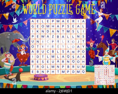 Shapito circus stage with performers. Crossword grid worksheet. Find a ...