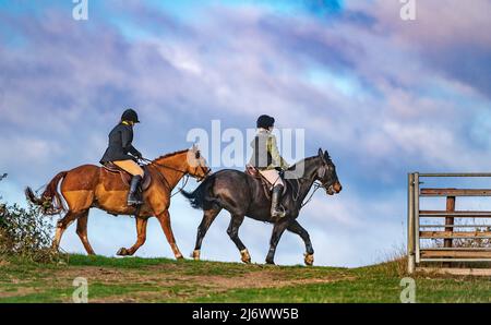 Horse riders galloping across the skyline on a horse against a stormy ...