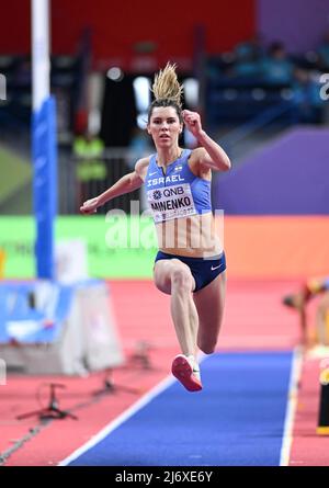 Hanna Minenko jumping at the Belgrade 2022 Indoor World Championship in the Triple jump ...