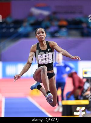 Thea Lafond jumping at the Belgrade 2022 Indoor World Championship in ...