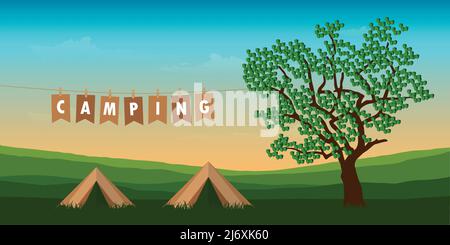summer camp tents between trees on meadow with mountain view Stock ...