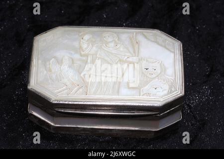 An 18th Century Snuff box carved in mother of pearl and framed in ...