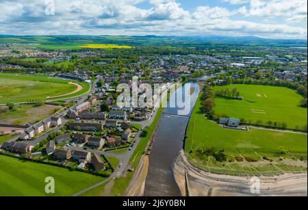 Aerial view from drone of Musselburgh Racecourse grandstand and ...