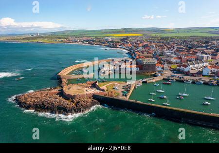Aerial view of town and harbour at Dunbar in East Lothian, Scotland, Uk ...