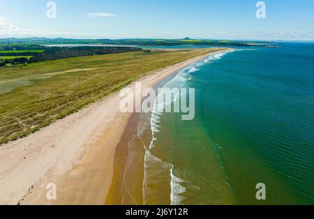Aerial view of Belhaven Bay beach at Dunbar in East Lothian, Scotland ...
