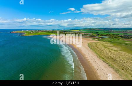 Aerial view of Dunbar Beach at Dunbar in East Lothian, Scotland, UK ...