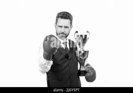 boss show victory and authority. businessman in boxing gloves with ...