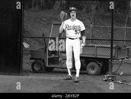 Dodger pitcher Steve Howe warming up in the bullpen at an exhibition ...