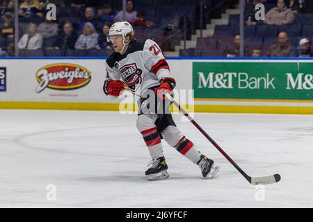 April 29, 2022: Utica Comets forward Brian Flynn (10) takes a face-off ...