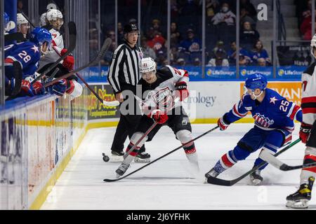 April 29, 2022: Utica comets forward Brian Halonen (24) takes a shot on ...