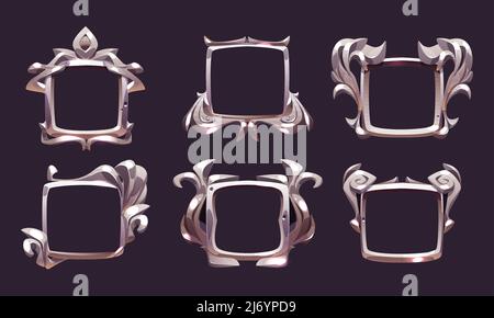 Square ui game frames, medieval silver borders. Textured ornate gui elements with curve ...